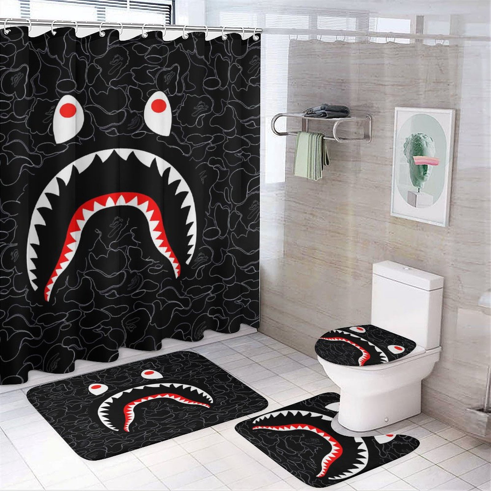 4 Piece Bape Shark Camo Shower Curtain Set with Non-Slip Rugs, Toilet ...