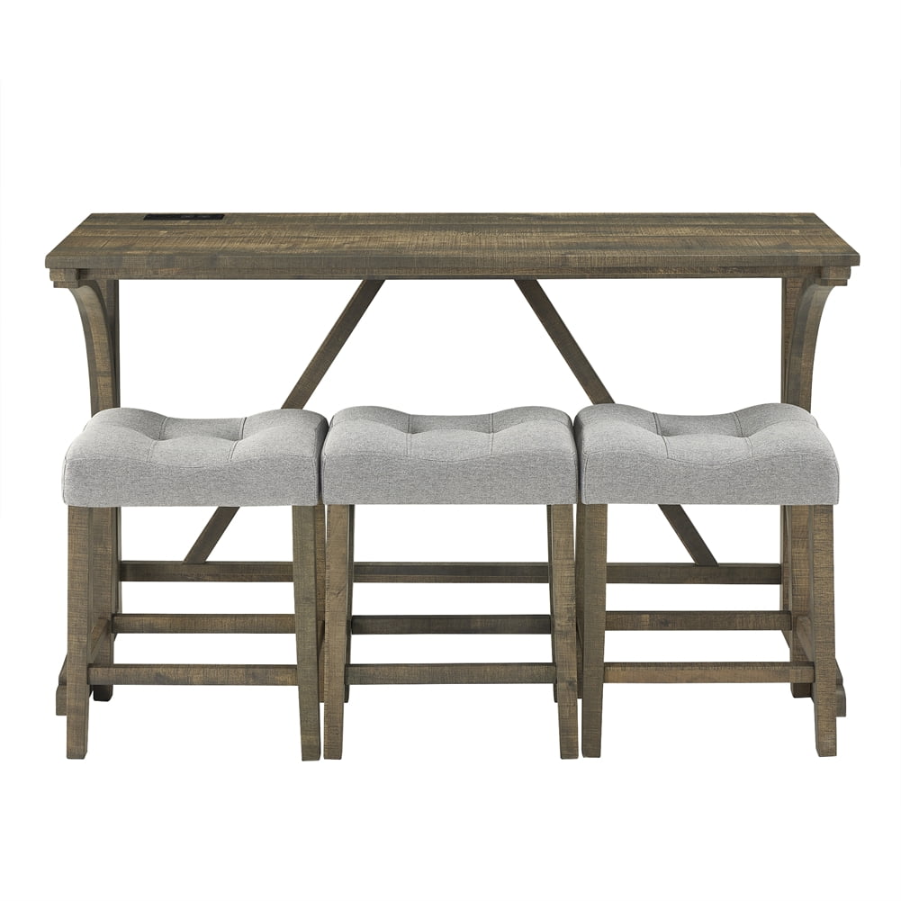 4 Piece Bar Table Set with 3 Padded Stools,Dining Bar Table with Power Outlet,Industrial Bar ...