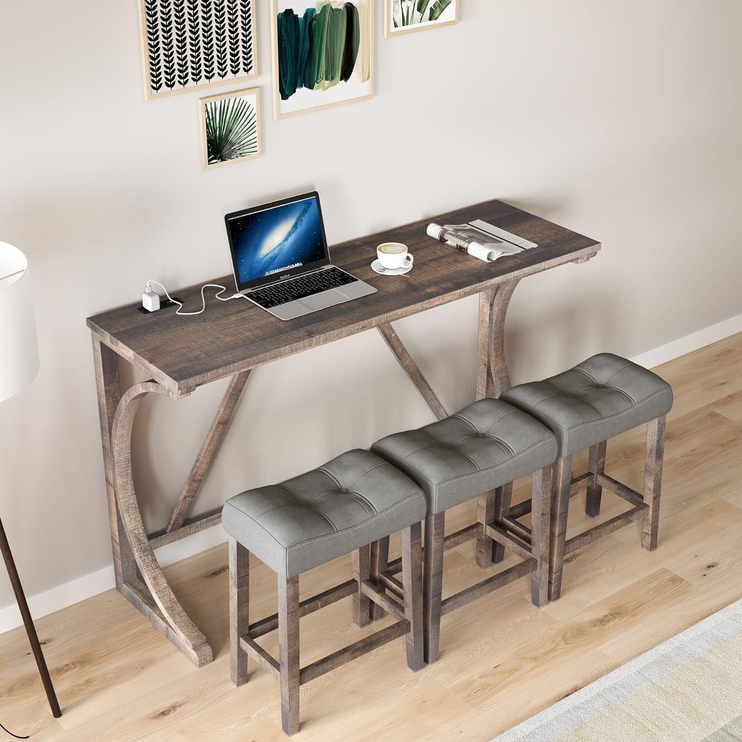 4-Piece Bar Table Set with 3 Upholstered Stools, Dining Table with ...