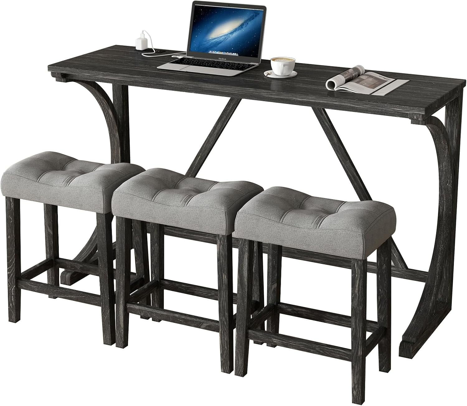 4 Piece Bar Table Set with Power Outlet, 59'' Dining Bar Table and ...