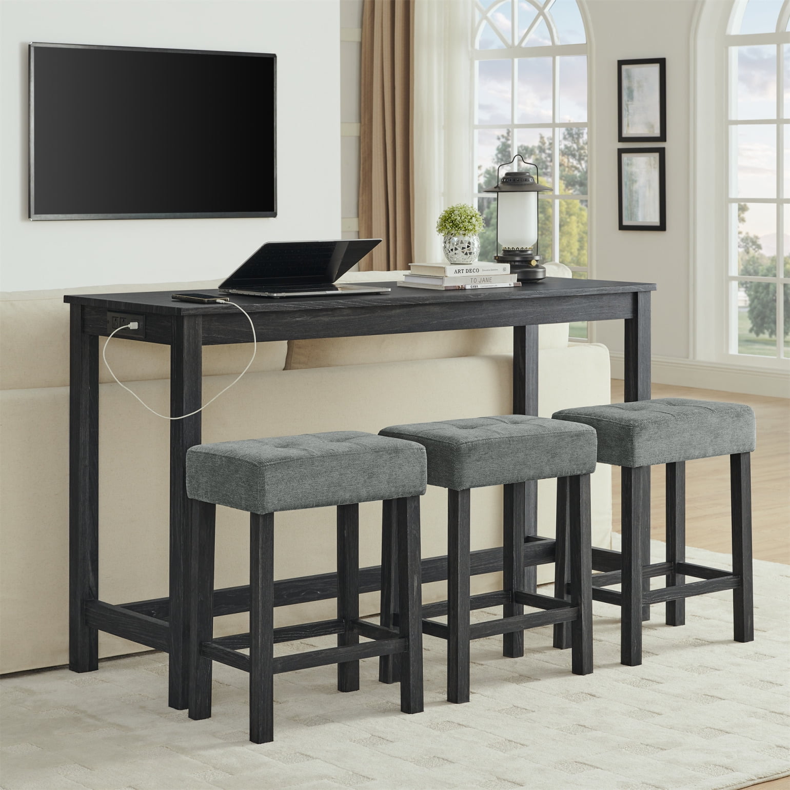 4 Piece Bar Table Set with Power Outlet, Classic 3-Person Counter ...