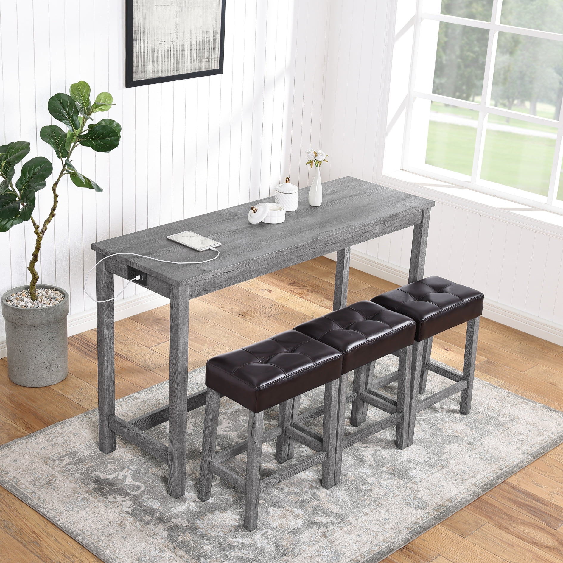 4-Piece Bar Table Set with Power Outlet, Counter Height Kitchen Table ...
