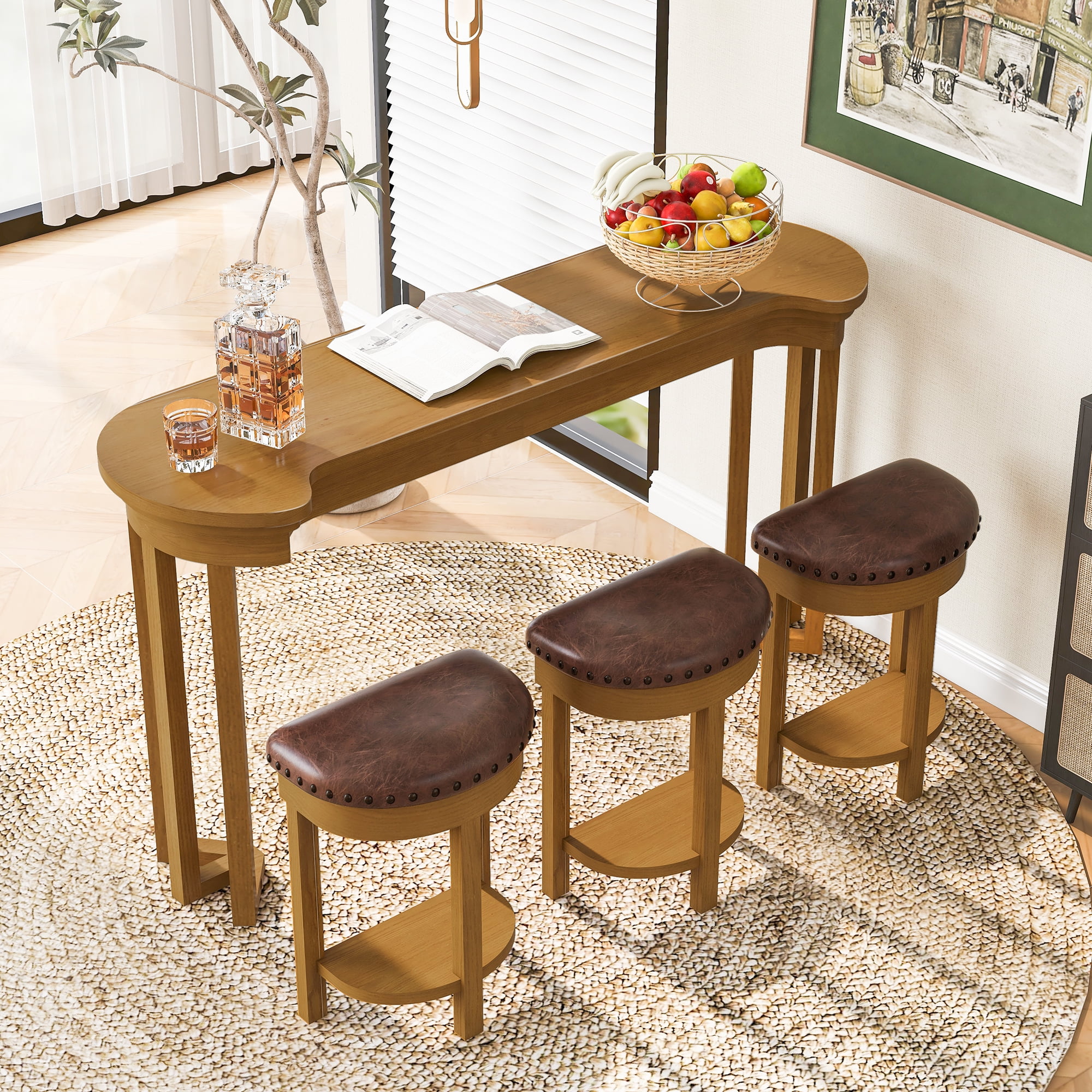 4 - Piece Bar Table Set with 3 PU Upholstered Bar Stools, Solid Wood ...