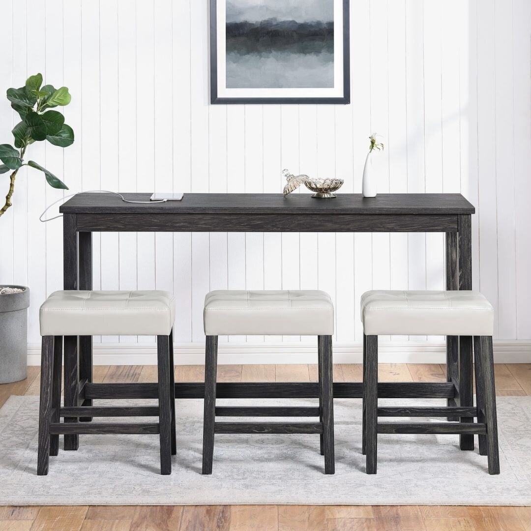 4 Piece Bar Table Set with Power Outlet Bar Table and Chairs Set White ...