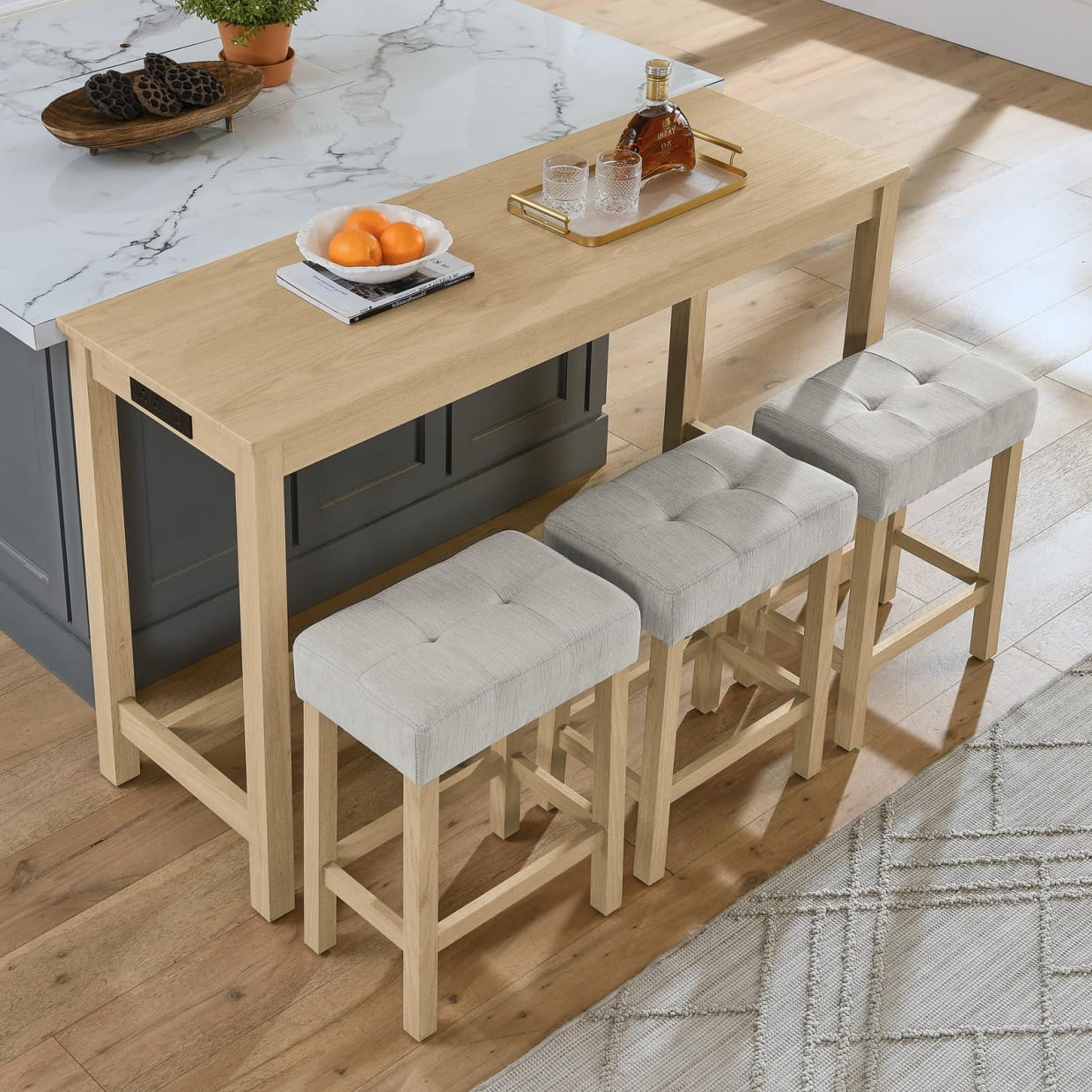 4 Piece Bar Table Set with Power Outlet, Industrial Dining Table Set ...