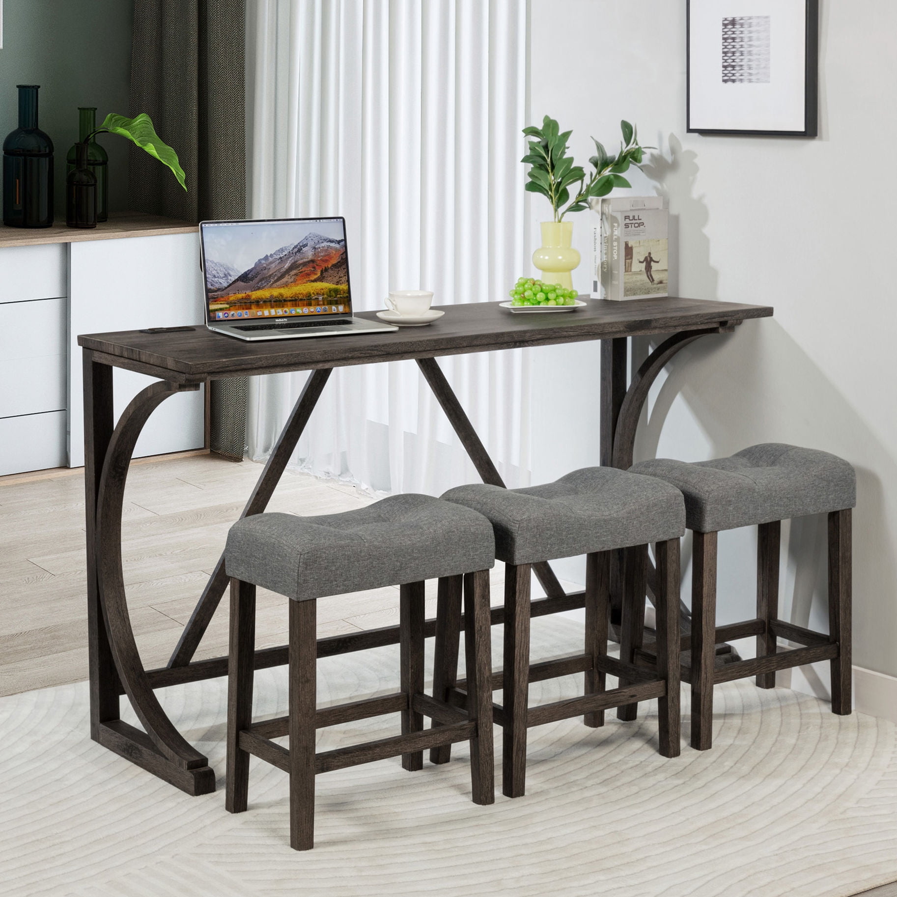 4-Piece Bar Table Set with Power Outlet Soft Seat Cushion Rustic Design ...