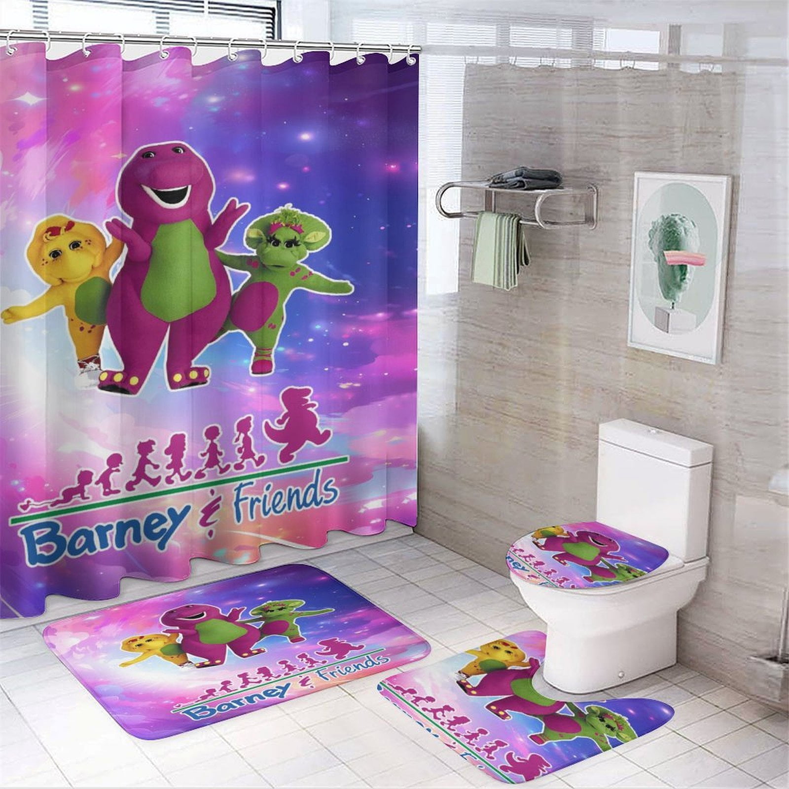 4 Piece Barney Dinosaur Friends Shower Curtain Sets with Rugs, Toilet ...