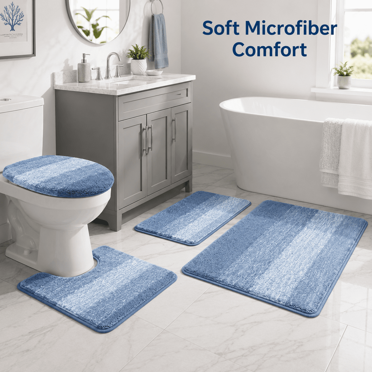 4 Piece Bath Rug Set with Toilet Lid Cover, U-Shaped Contour Mat and ...