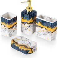4-Piece Decorative Glass Bathroom Accessory Set | Embossed Blue Heavy ...