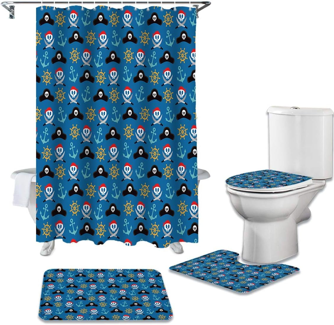4 Piece Bathroom Mat Sets, Cartoon The Pirate Head Skull Pattern Blue ...