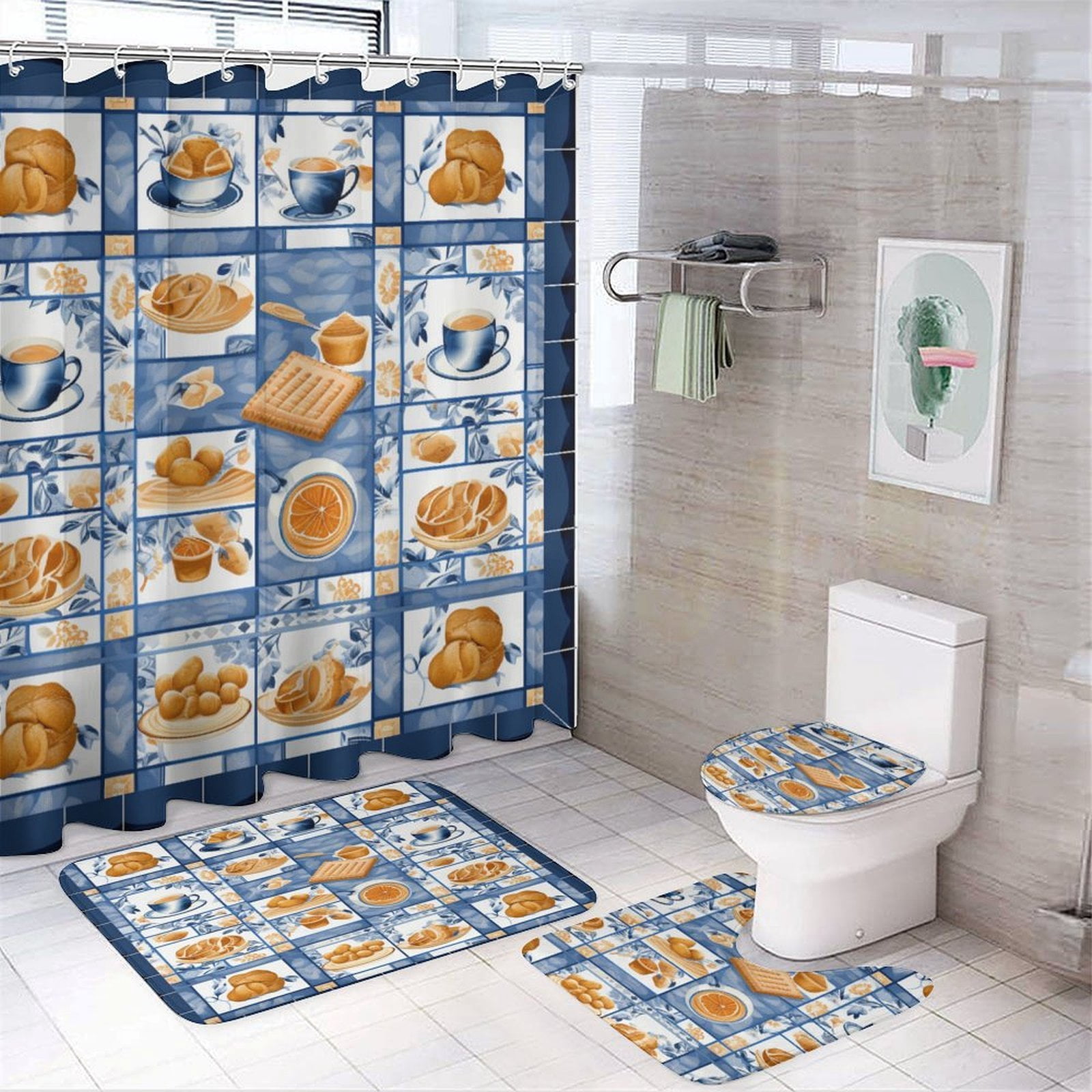 4 Piece Bathroom Rug Set with Shower Curtain Breakfast Time Bread Milk ...