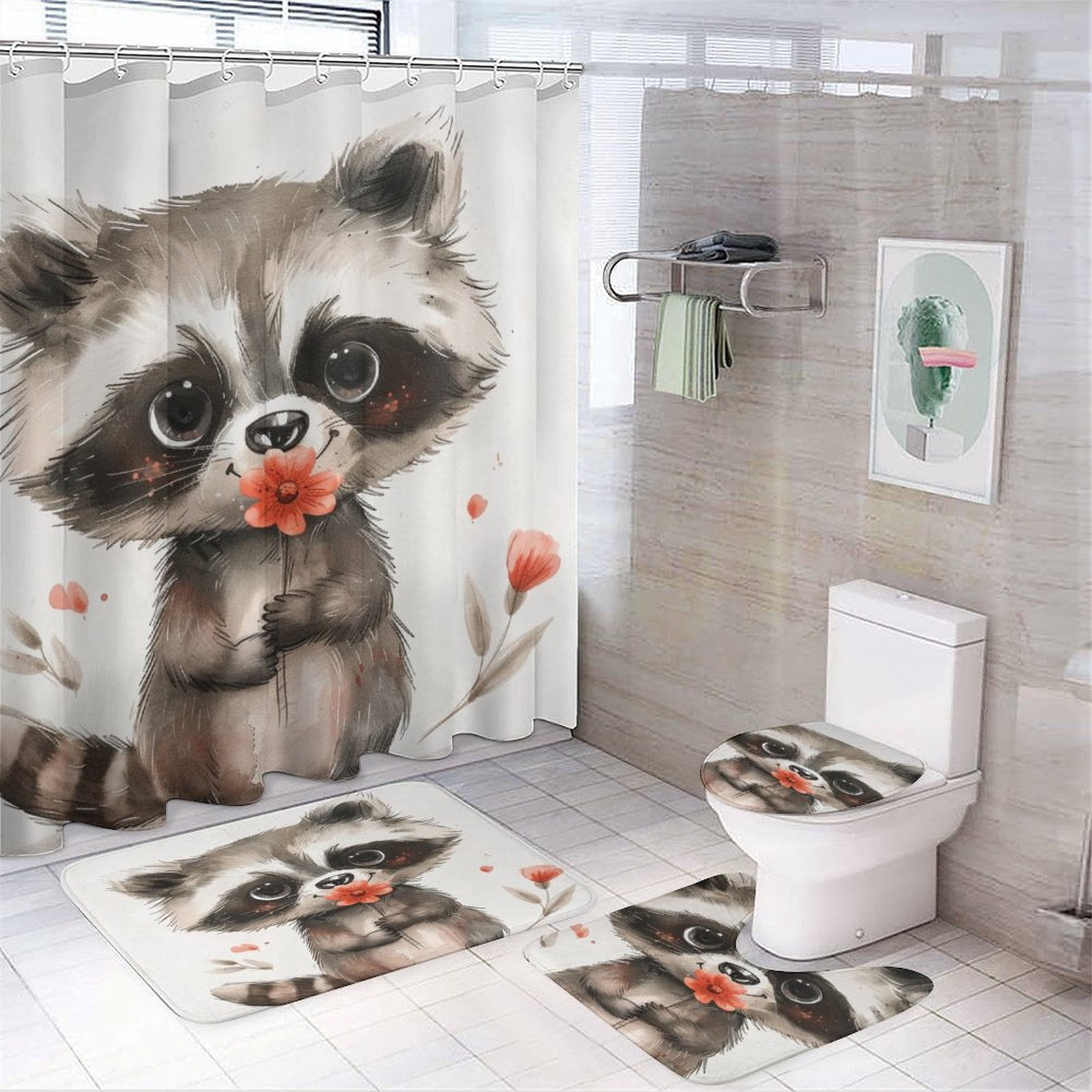 4 Piece Bathroom Rug Set with Shower Curtain Cute Raccoon Holding A ...