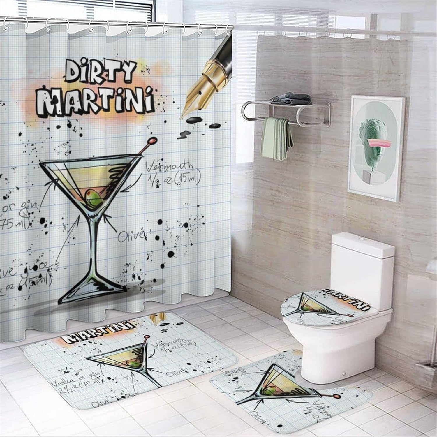 4 Piece Bathroom Rug Set with Shower Curtain Dirty Martini Bathroom ...