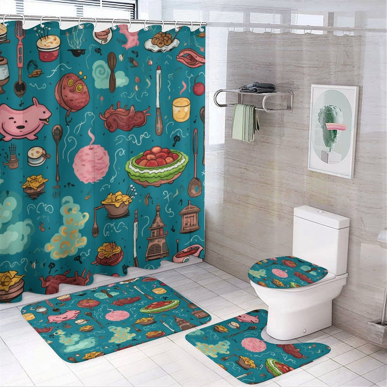 4 Piece Bathroom Rug Set with Shower Curtain Eggs And Pancakes Bathroom ...