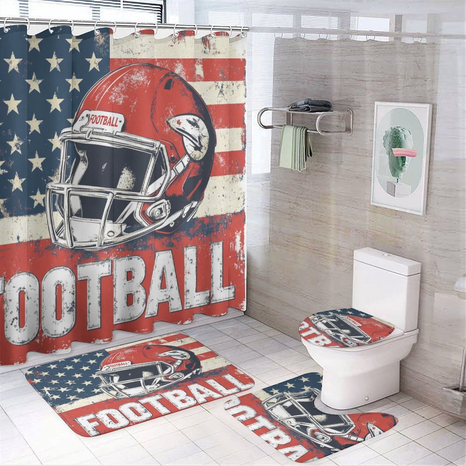 4 Piece Bathroom Rug Set with Shower Curtain with Non-Slip Rugs Toilet ...
