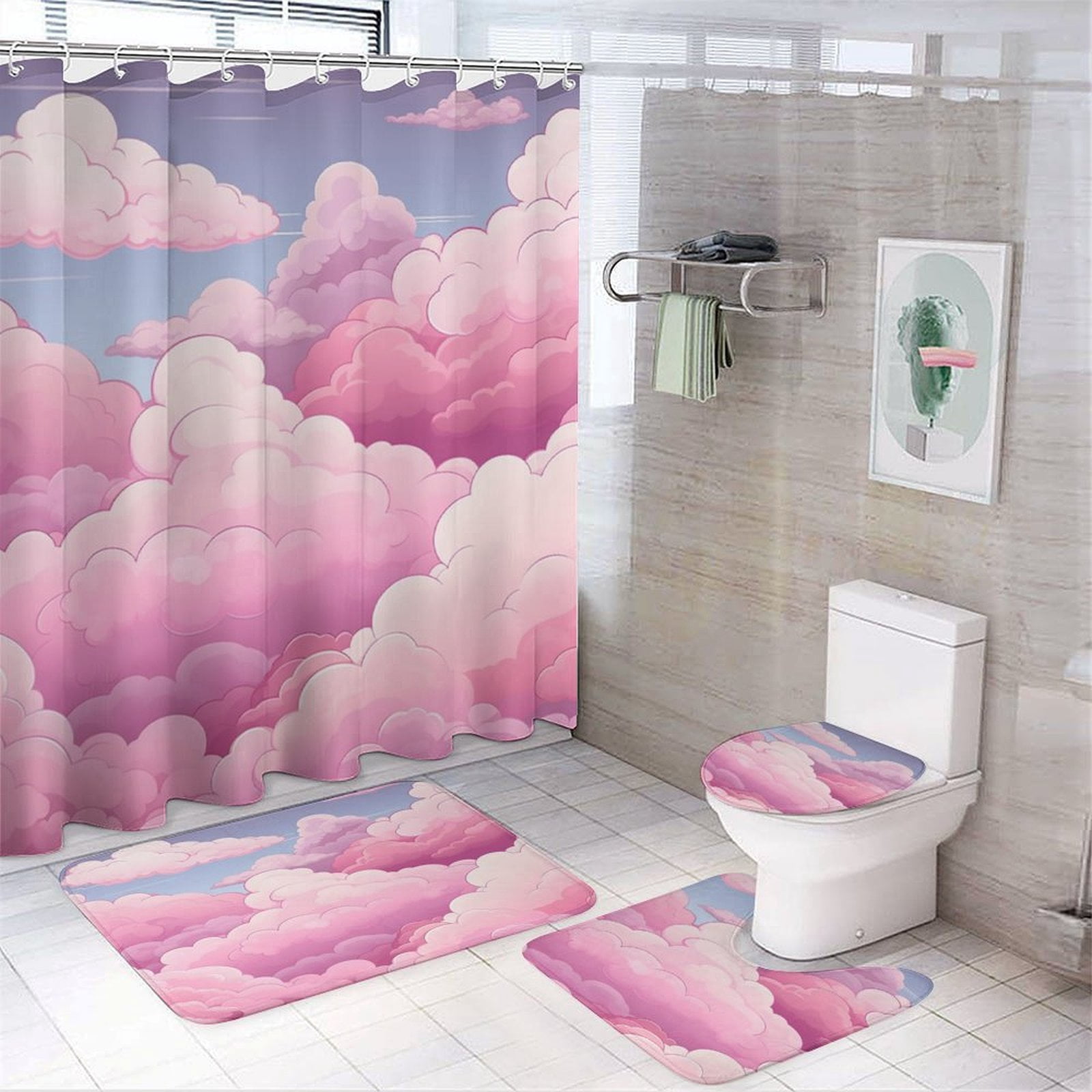 4 Piece Bathroom Rug Set with Shower Curtain with Non-Slip Rugs Toilet ...