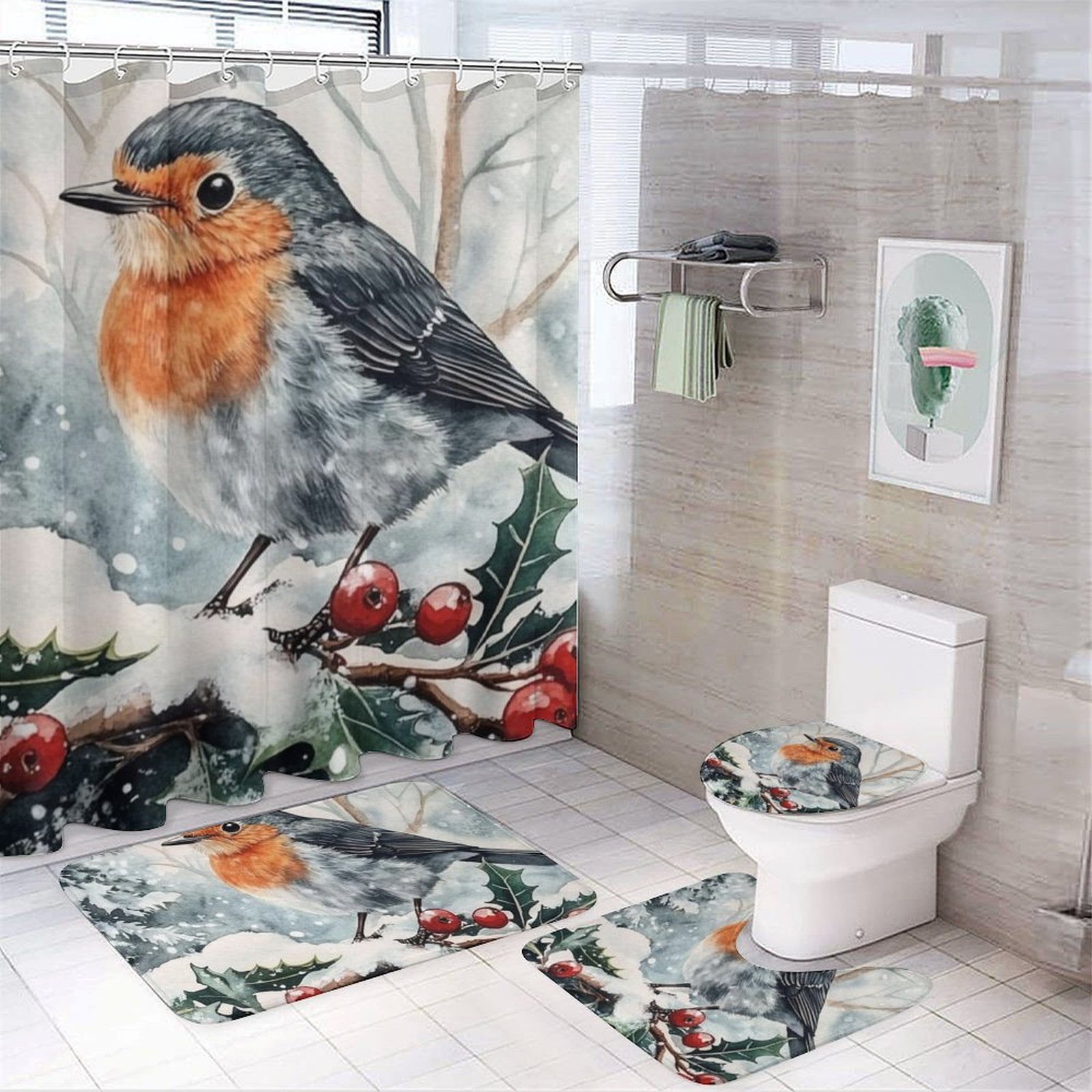 4 Piece Bathroom Rug Set with Shower Curtain with Non-Slip Rugs Toilet ...