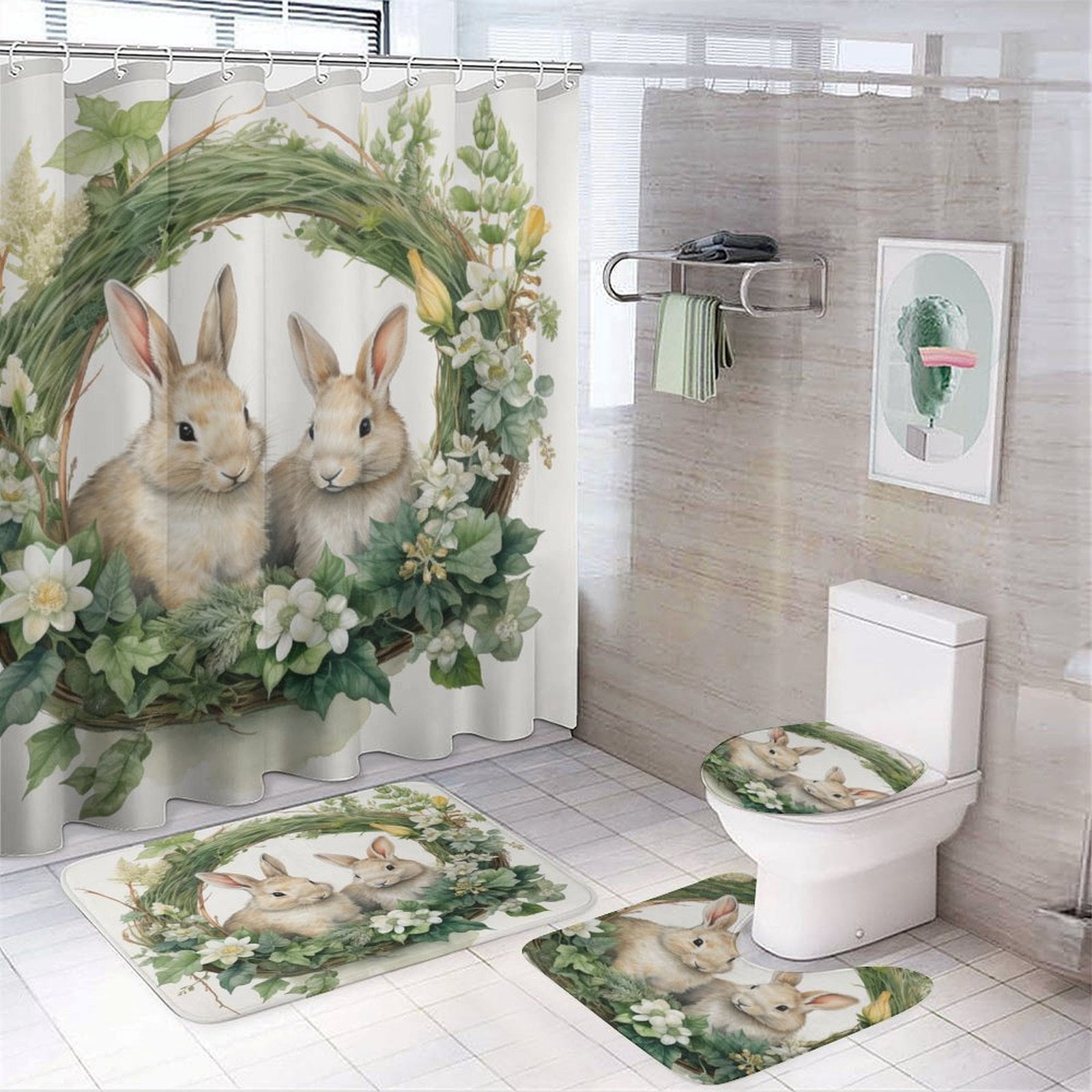 4 Piece Bathroom Rug Set with Shower Curtain Non-Slip Rugs And Toilet ...