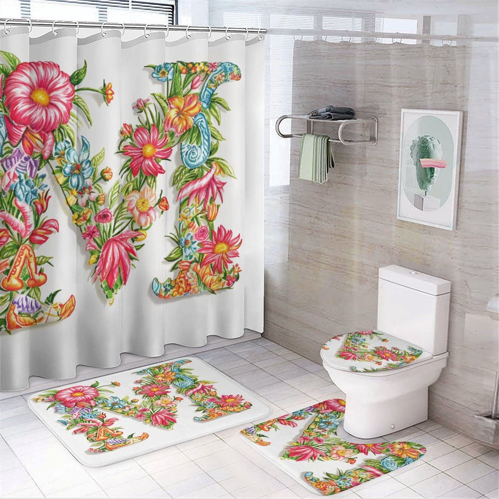 4 Piece Bathroom Rug Set with Shower Curtain Rug Toilet Lid Cover And ...
