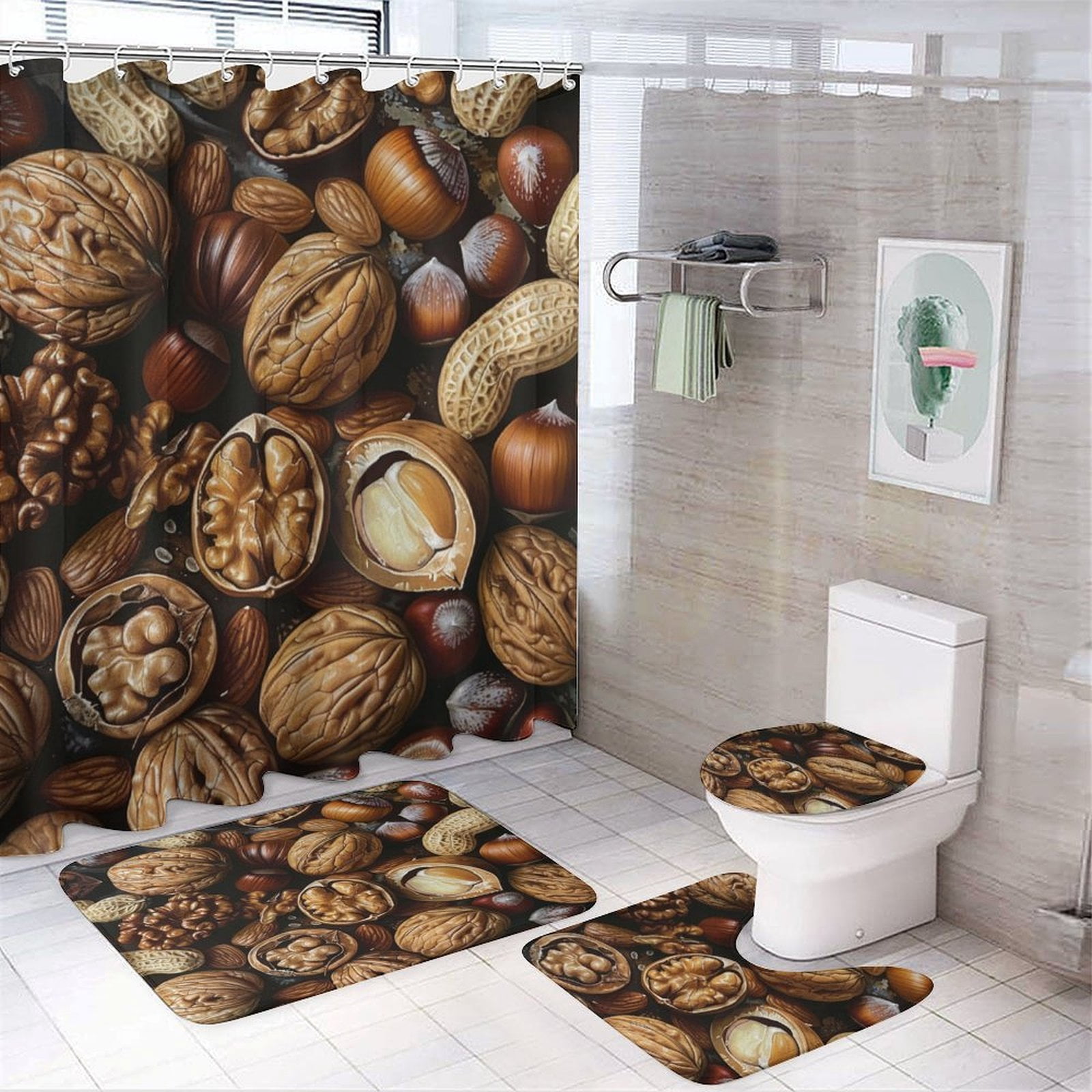4 Piece Bathroom Rug Set with Shower Curtain Walnut Oh Nuts with Rugs ...
