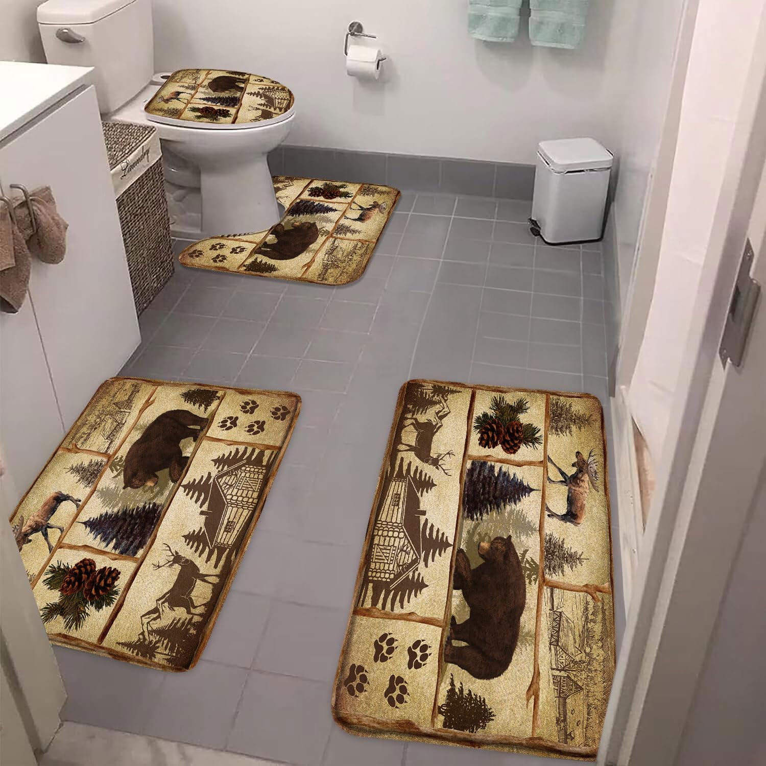 4 Piece Bathroom Rug Sets,Rustic Cabin Antique Bear Moose Forest ...