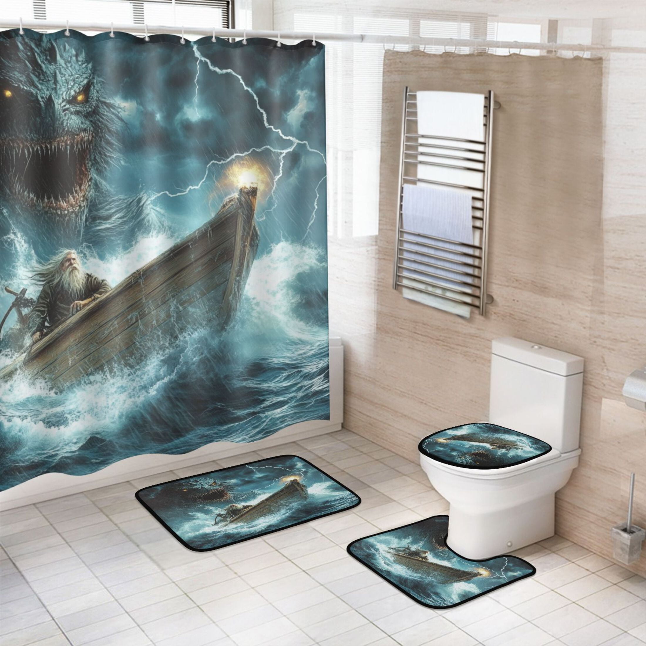 4-Piece Bathroom Set with Waterproof Shower Curtain with Non-Slip Bath ...
