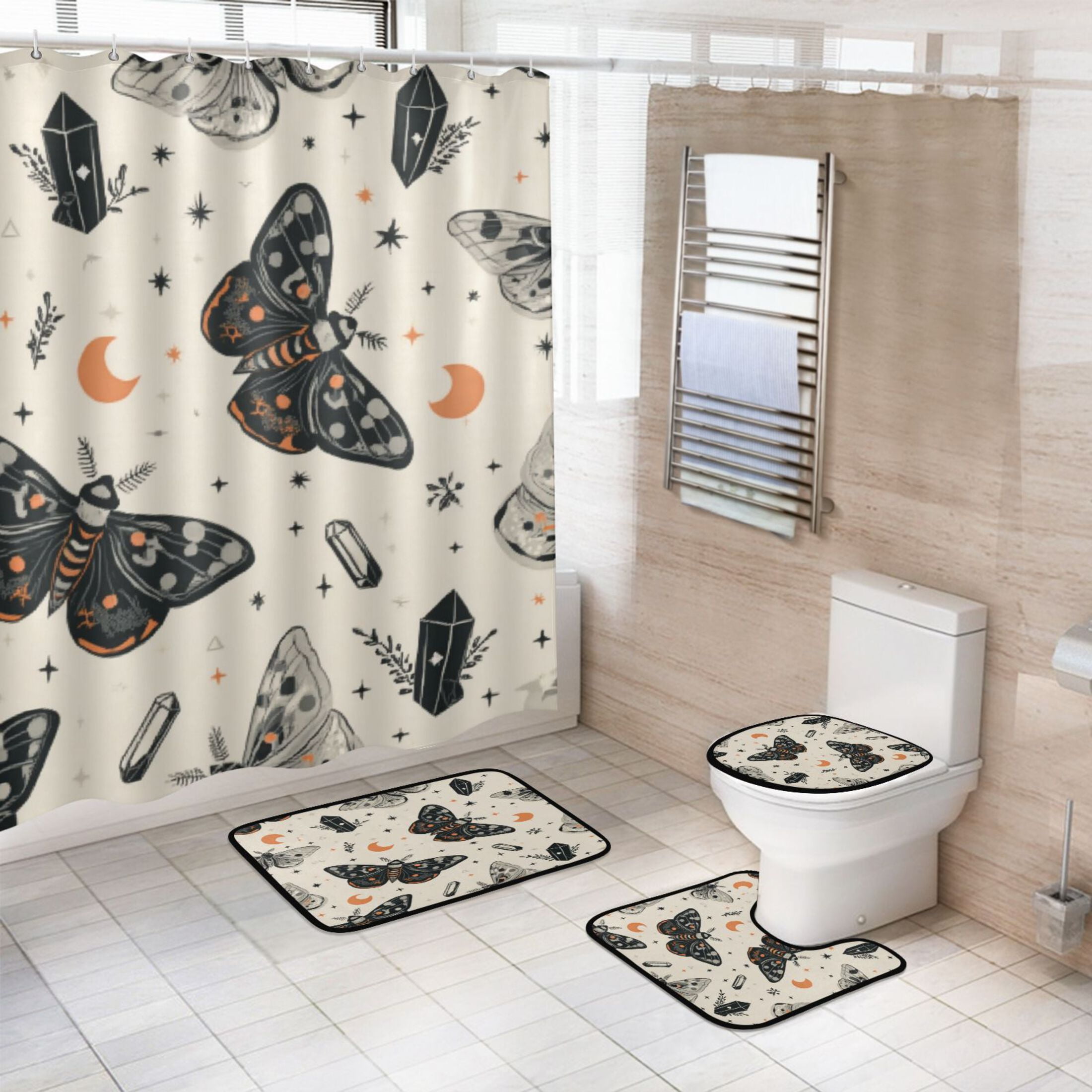 4-Piece Bathroom Set with Waterproof Shower Curtain with Non-Slip Bath ...