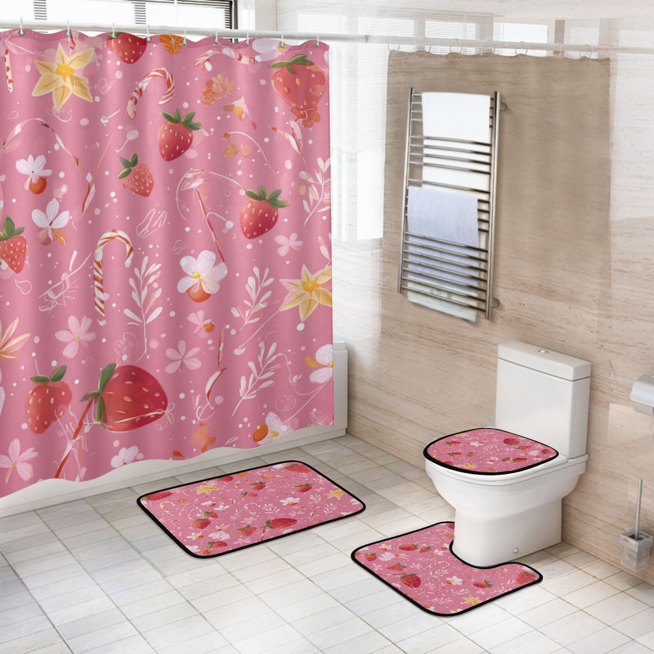 4-Piece Bathroom Set with Waterproof Shower Curtain with Non-Slip Bath ...