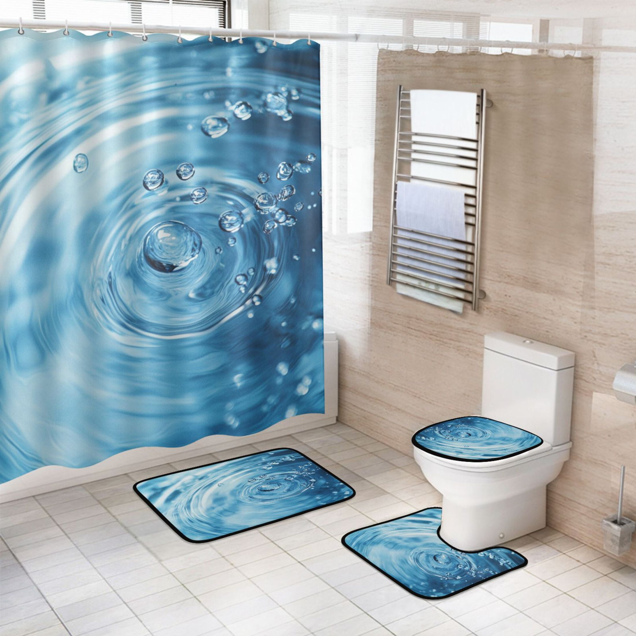4-Piece Bathroom Set with Waterproof Shower Curtain with Non-Slip Bath ...