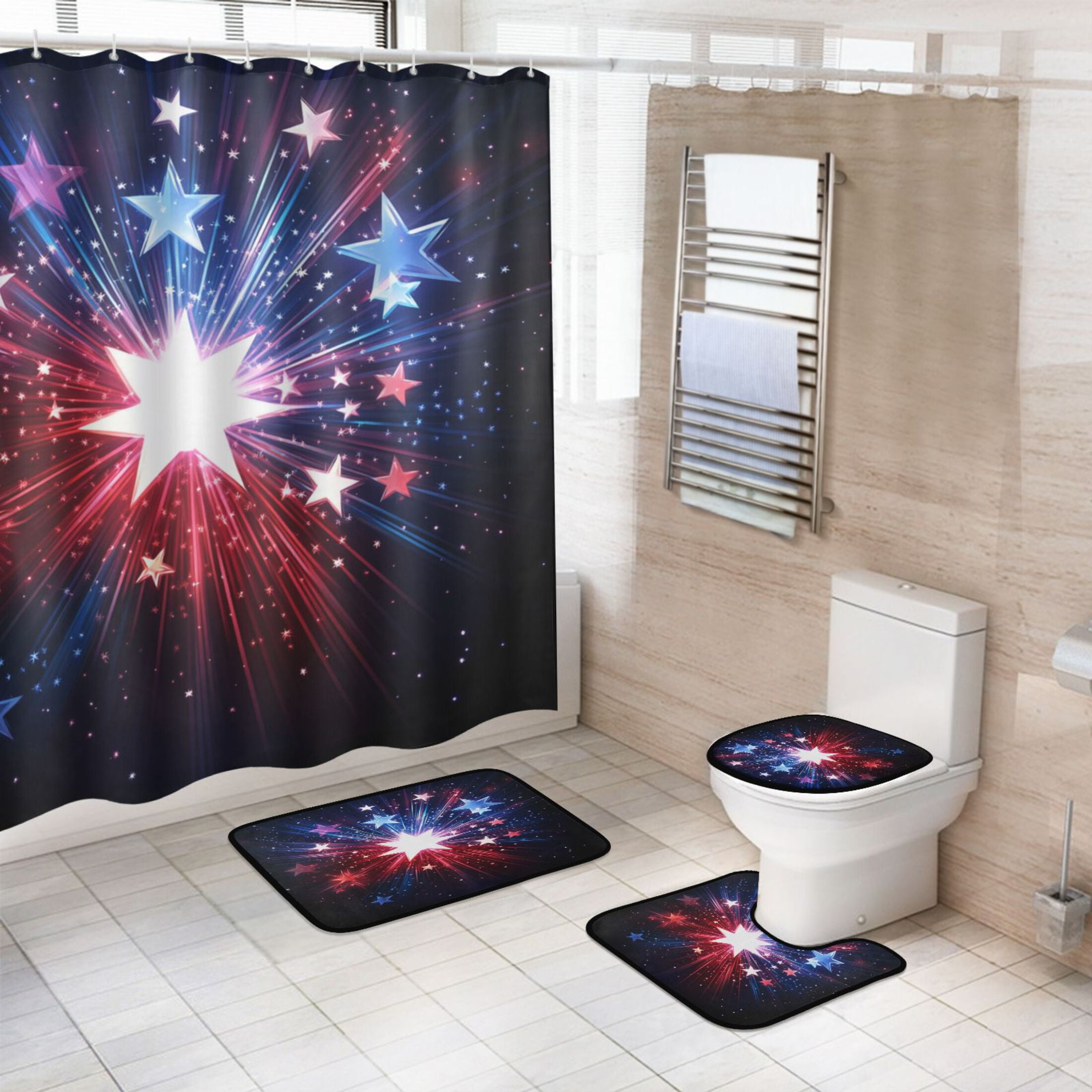 4-Piece Bathroom Set with Waterproof Shower Curtain with Non-Slip Bath ...