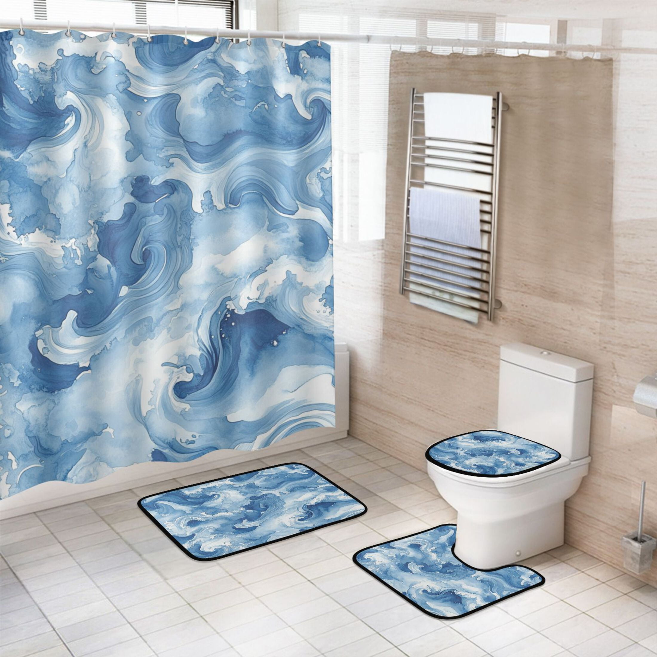 4-Piece Bathroom Set with Waterproof Shower Curtain with Non-Slip Bath ...