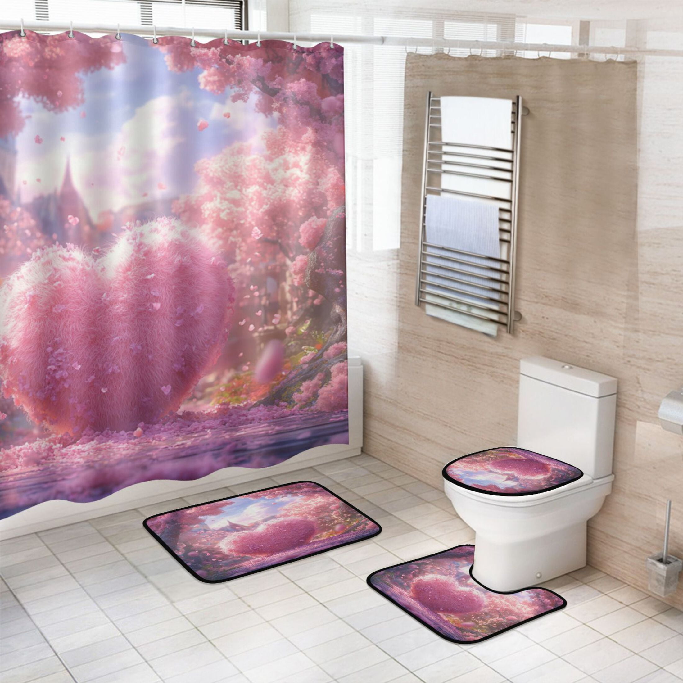 4-Piece Bathroom Set with Waterproof Shower Curtain with Non-Slip Bath ...