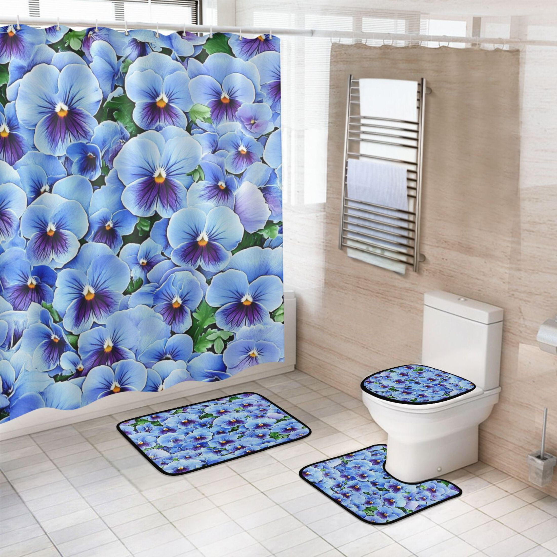 4-Piece Bathroom Set with Waterproof Shower Curtain with Non-Slip Bath ...
