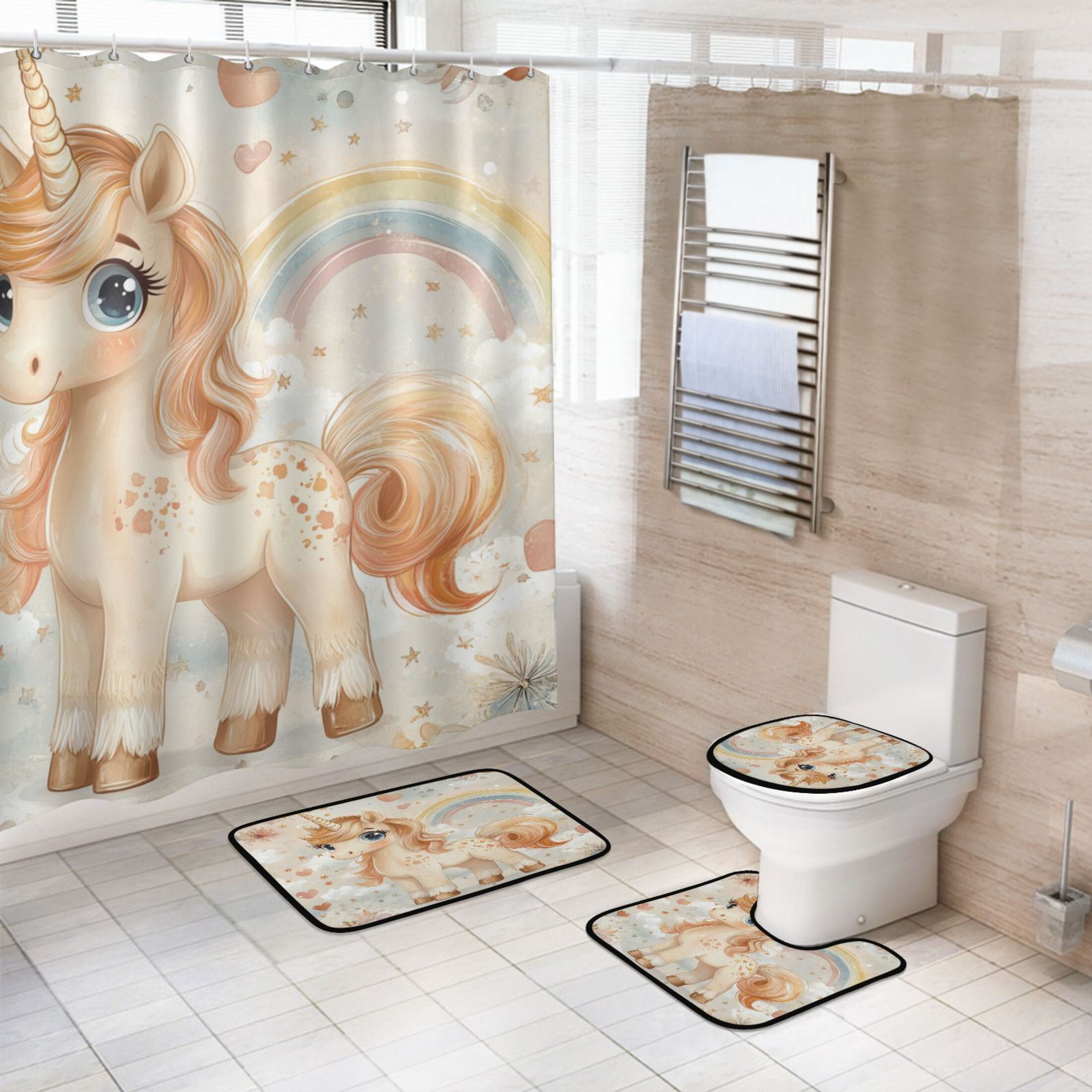 4-Piece Bathroom Set with Waterproof Shower Curtain with Non-Slip Bath ...