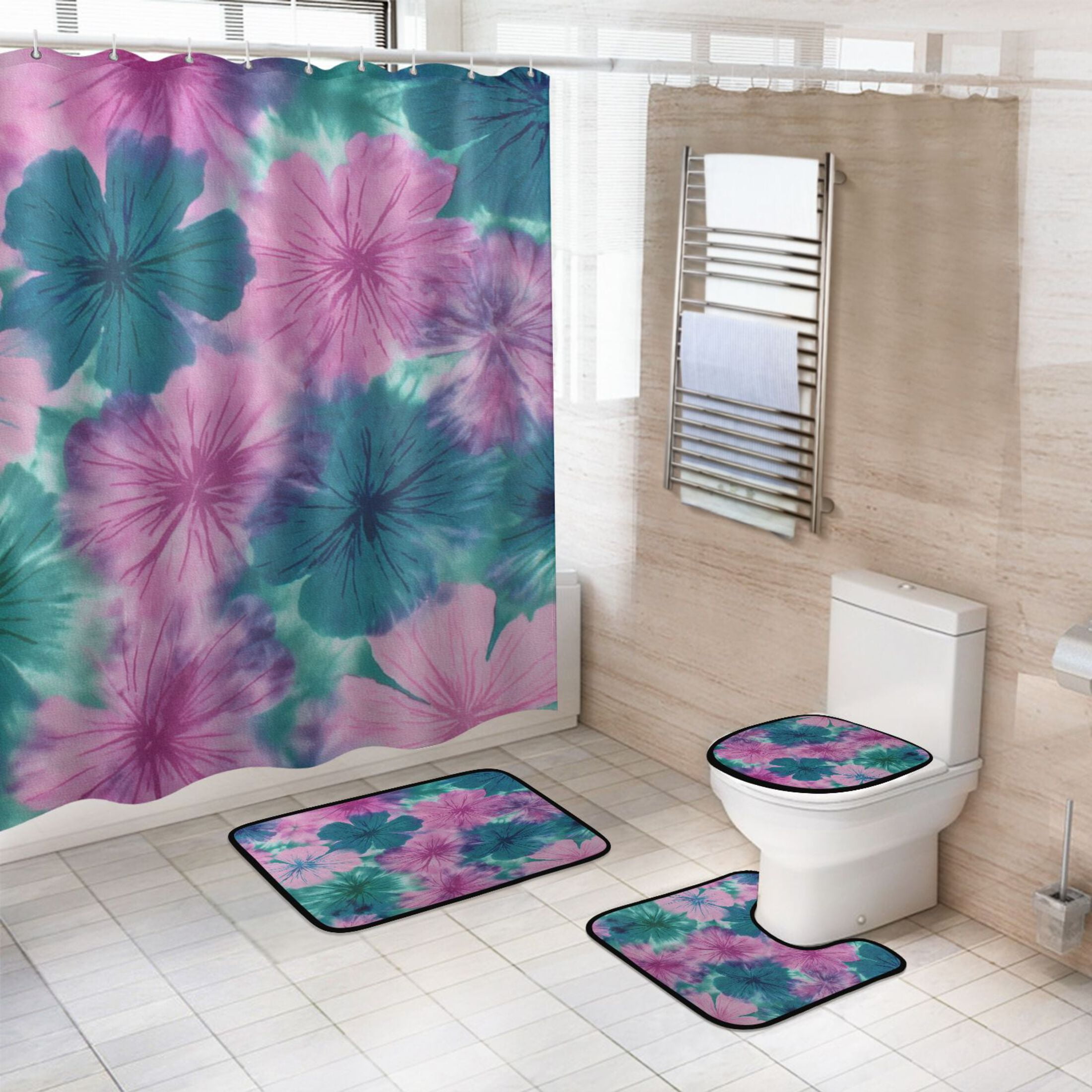 4-Piece Bathroom Set with Waterproof Shower Curtain with Non-Slip Bath ...
