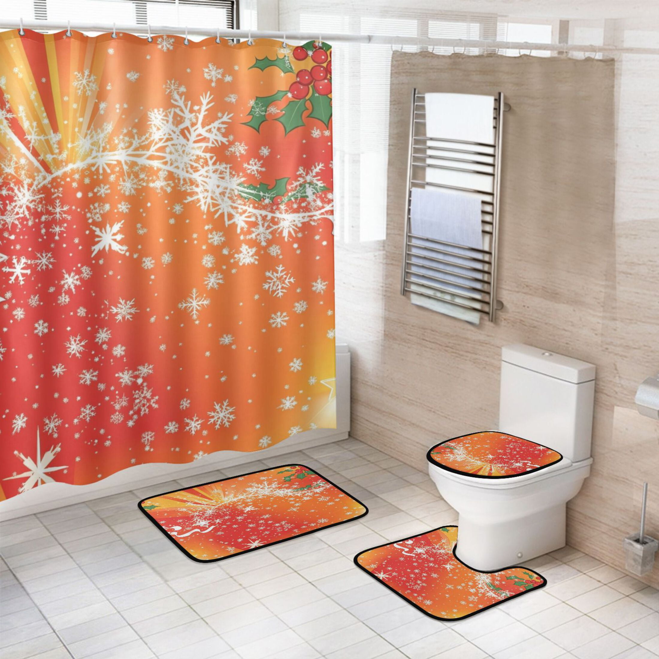 4-Piece Bathroom Set with Waterproof Shower Curtain with Non-Slip Bath ...