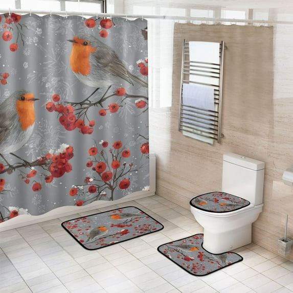 4-Piece Bathroom Set with Waterproof Shower Curtain with Non-Slip Bath ...