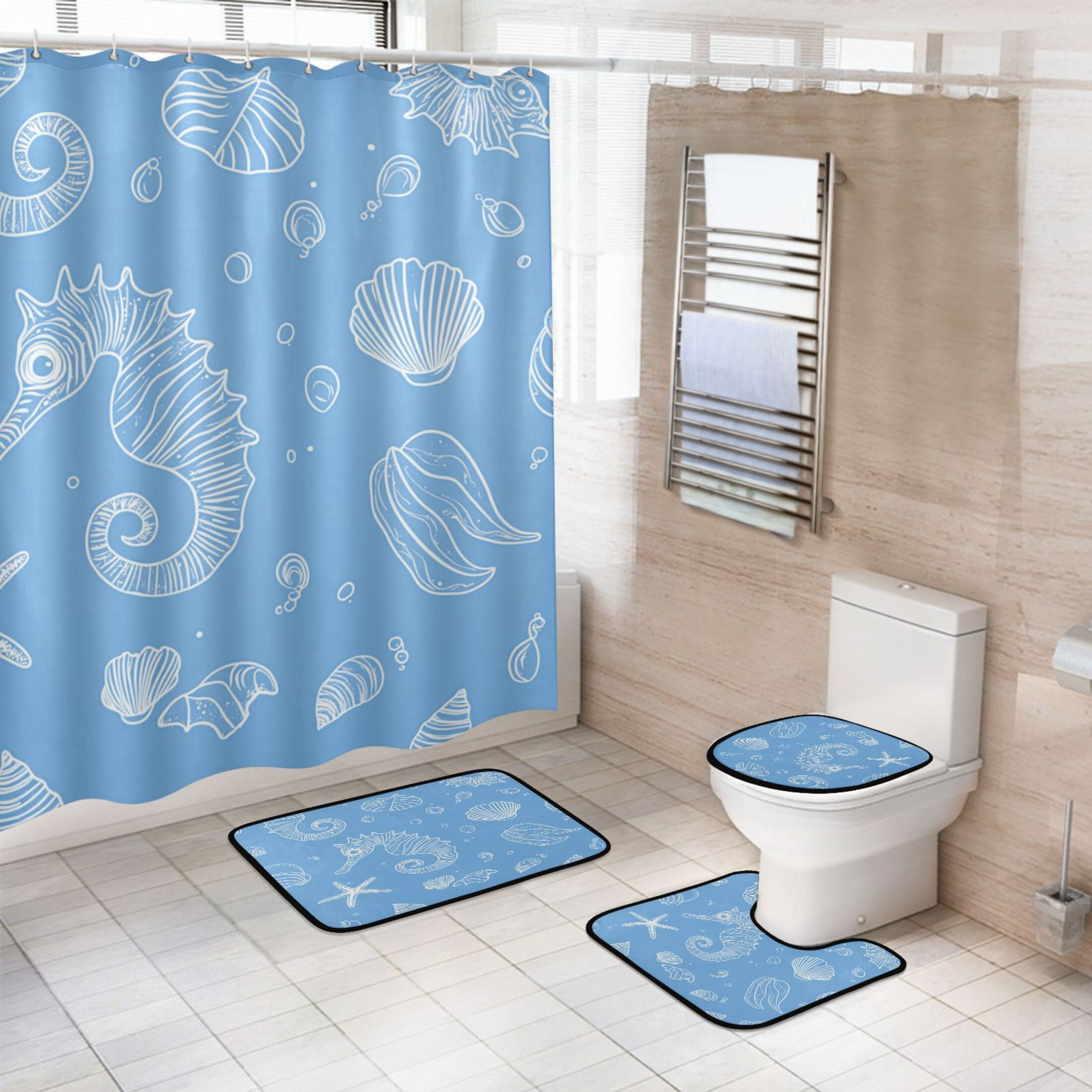 4-Piece Bathroom Set with Waterproof Shower Curtain with Non-Slip Bath ...