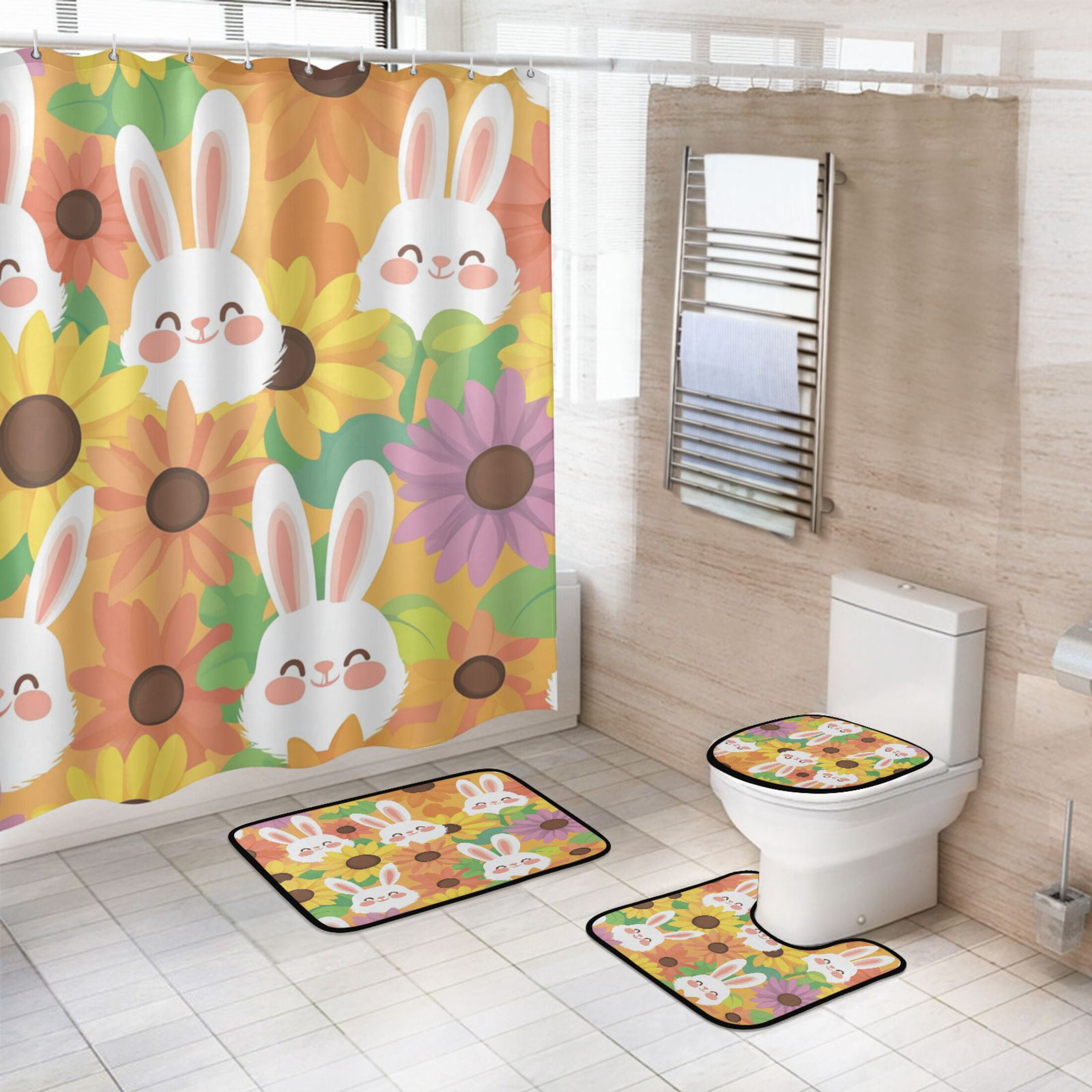 4-Piece Bathroom Set with Waterproof Shower Curtain with Non-Slip Bath ...