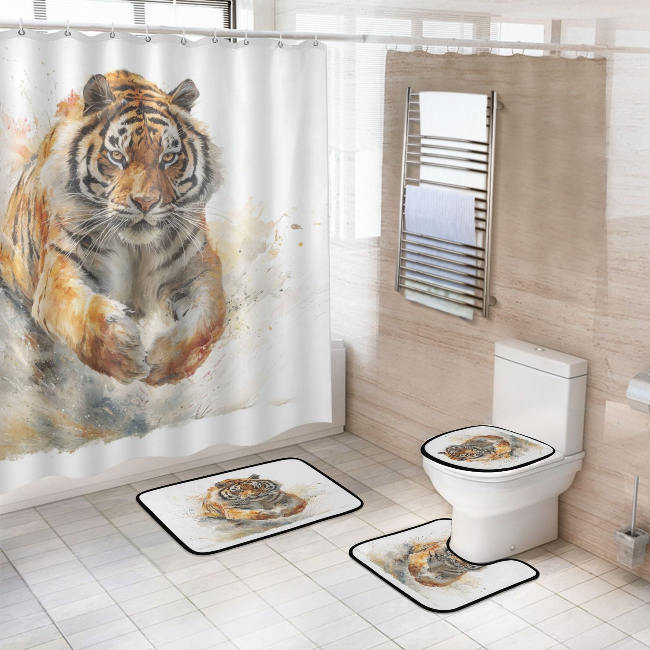 4-Piece Bathroom Set with Waterproof Shower Curtain with Non-Slip Bath ...