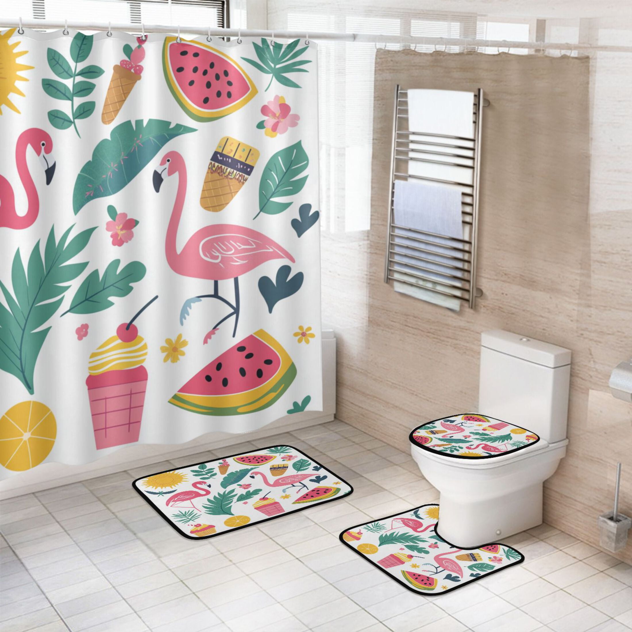 4-Piece Bathroom Set with Waterproof Shower Curtain with Non-Slip Bath ...