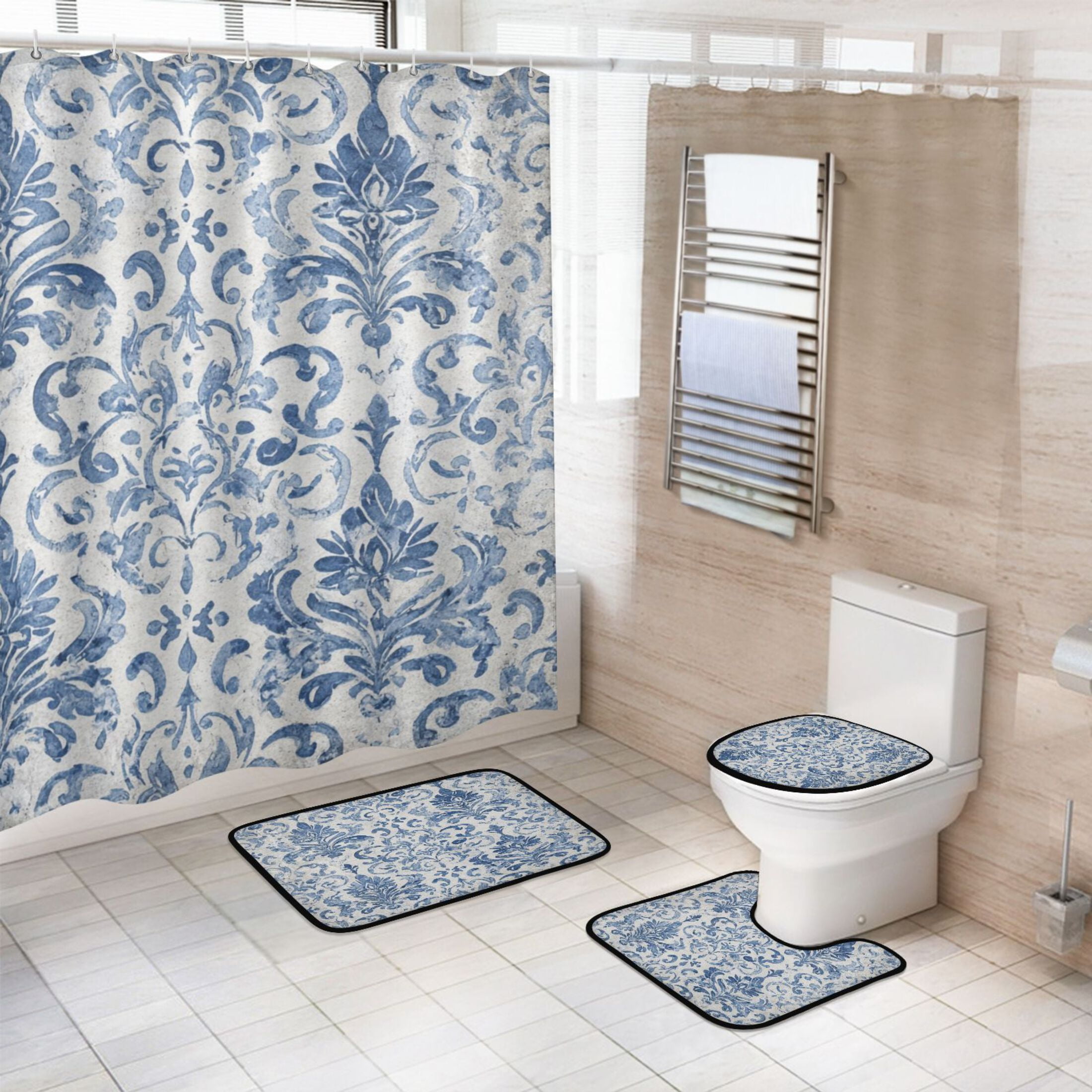 4-Piece Bathroom Set with Waterproof Shower Curtain with Non-Slip Bath ...