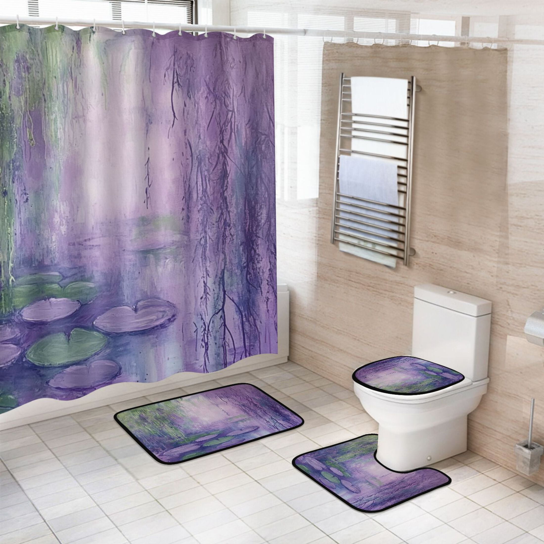 4-Piece Bathroom Set with Waterproof Shower Curtain with Non-Slip Bath ...