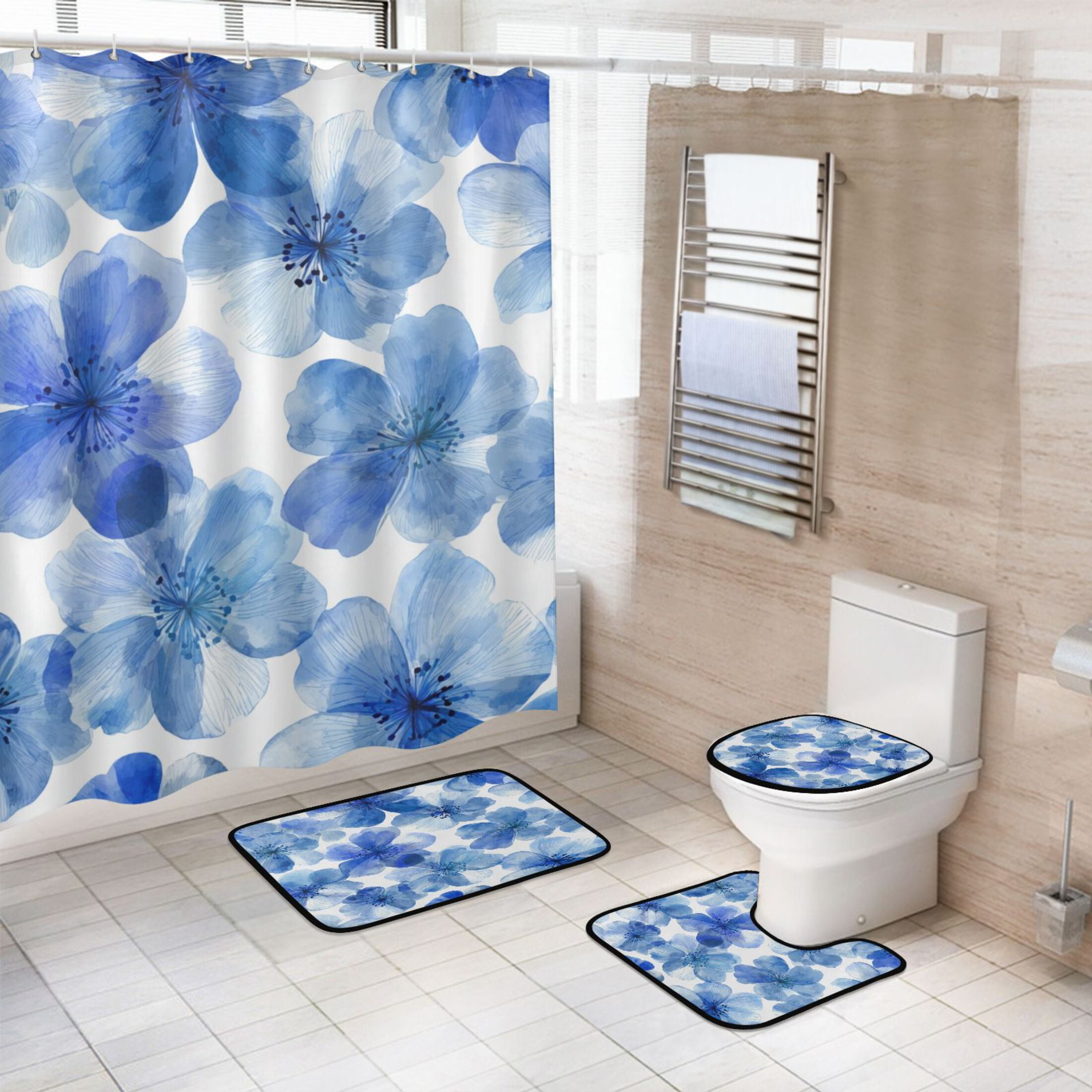 4-Piece Bathroom Set with Waterproof Shower Curtain with Non-Slip Bath ...