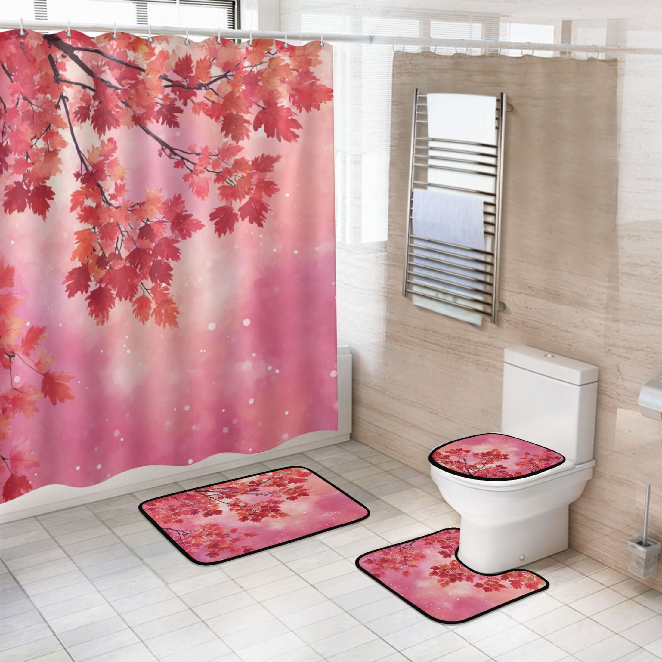 4-Piece Bathroom Set with Waterproof Shower Curtain with Non-Slip Bath ...