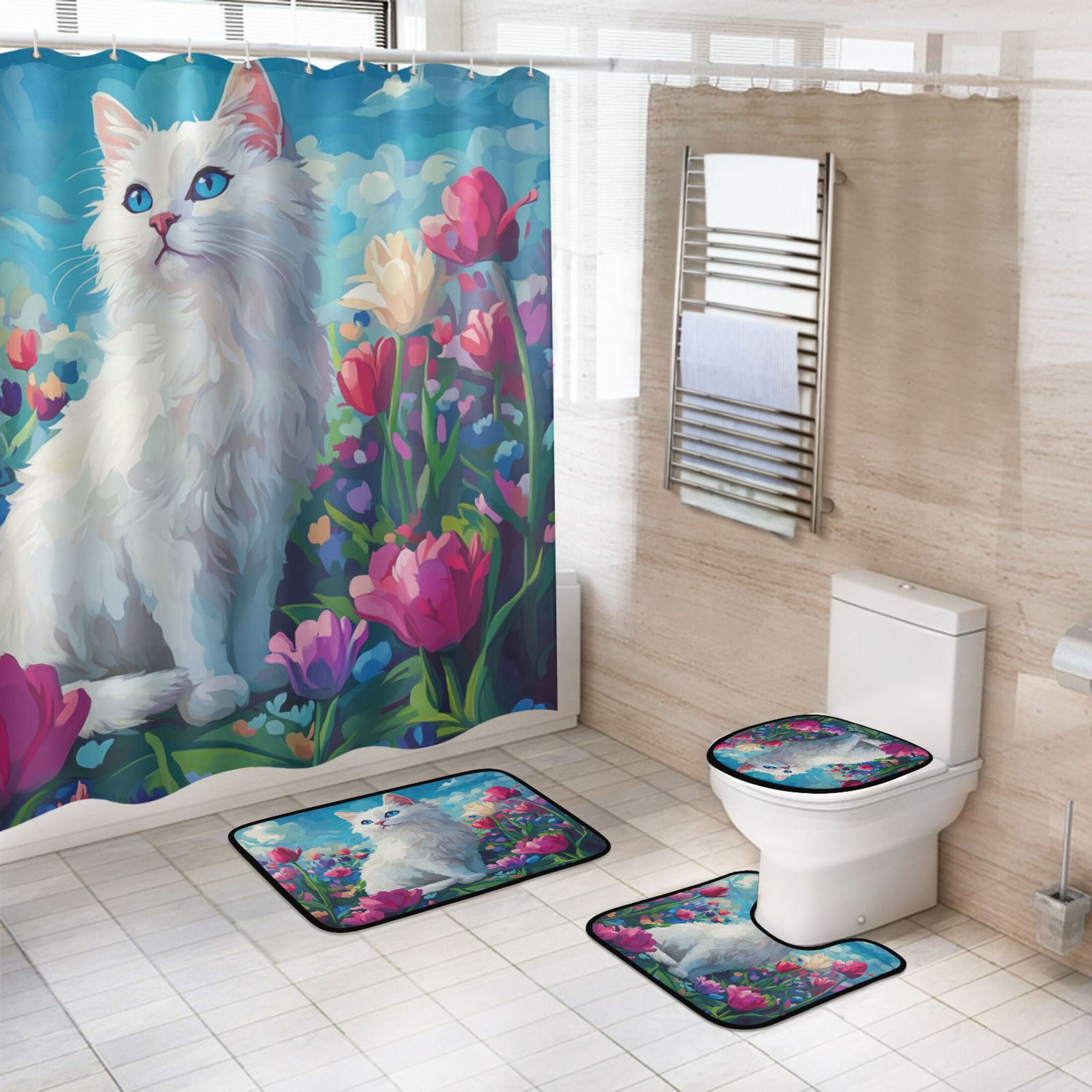 4-Piece Bathroom Set with Waterproof Shower Curtain with Non-Slip Bath ...