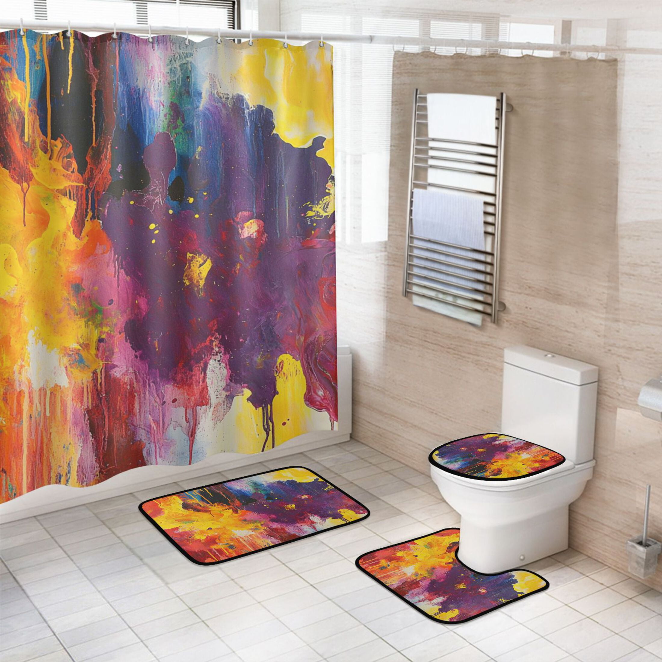 4-Piece Bathroom Set with Waterproof Shower Curtain with Non-Slip Bath ...