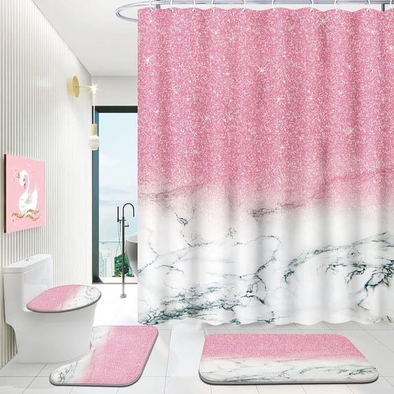 4 Piece Bathroom Shower Curtain Set with Rugs, Pink Marble Shower ...