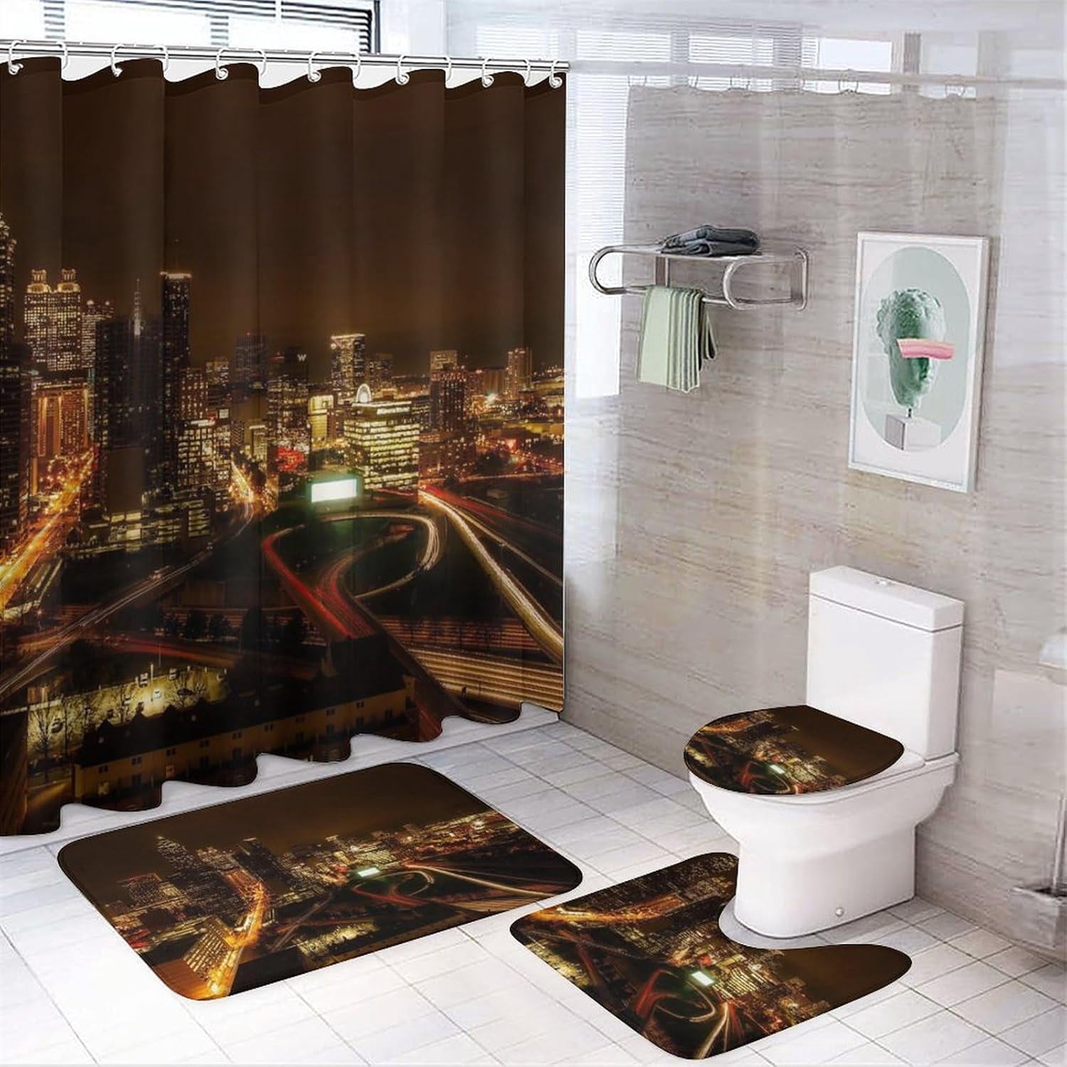 4 Piece Bathroom Shower Curtain Sets Atlanta Night City Landscape with ...