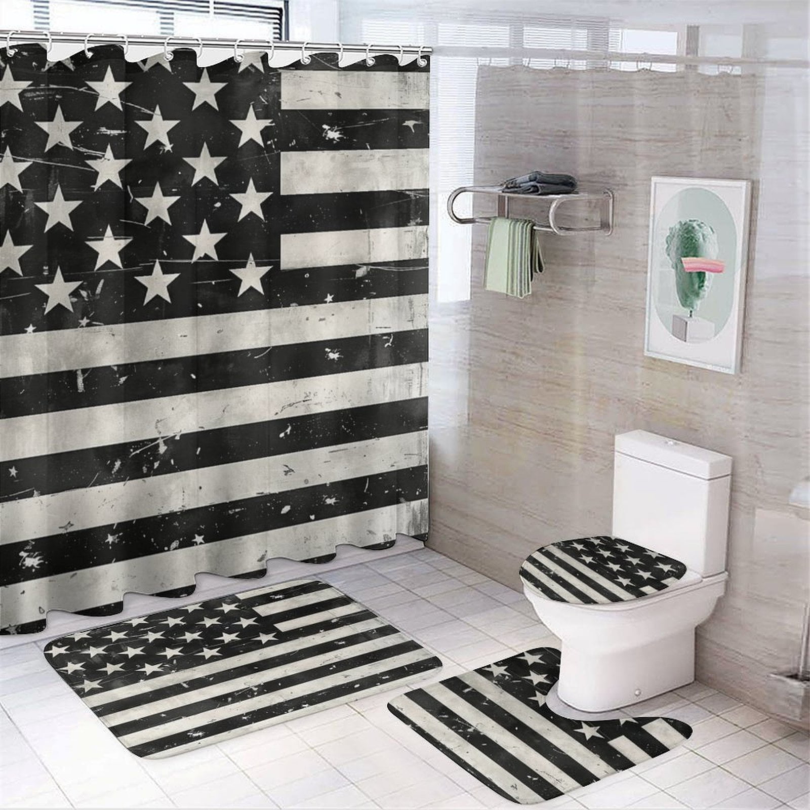 4 Piece Bathroom Shower Curtain Sets Black White Vintage American Flag ...